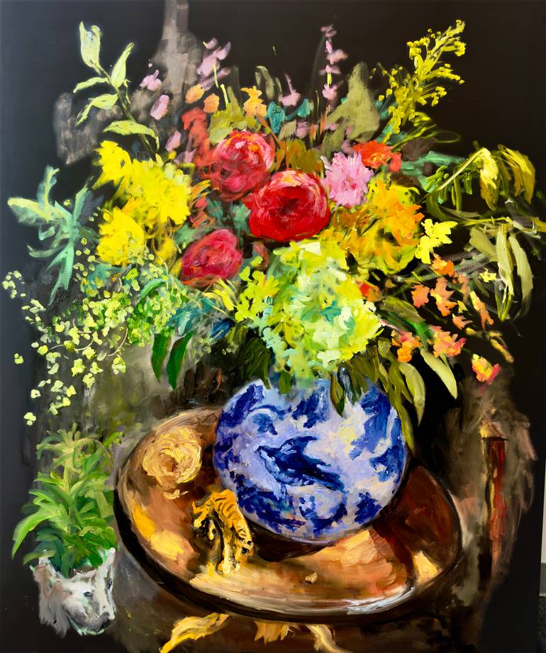 Flowers with Tiger Painting by Kristin Witbeck Lee | Saatchi Art