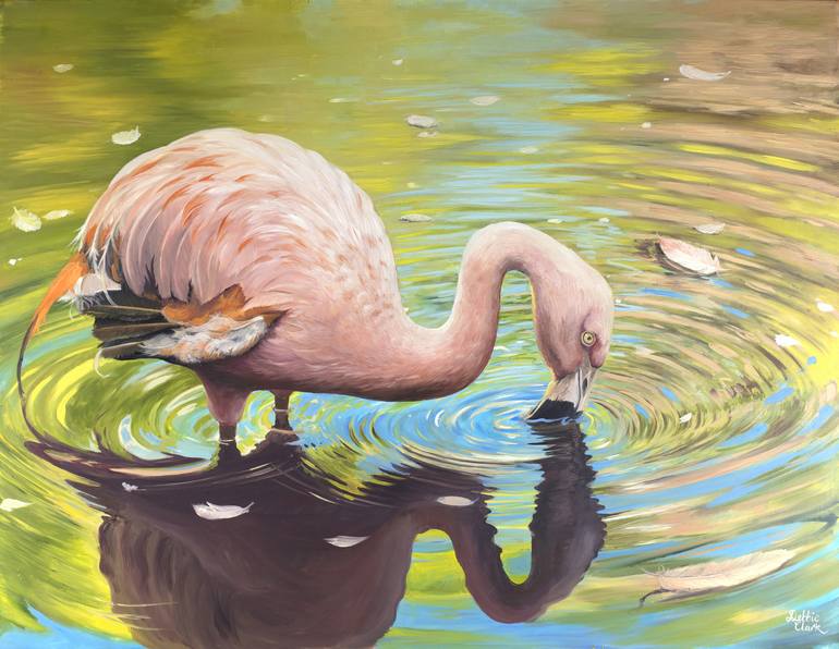 Flamingo in the Water Painting by Debbie Clark | Saatchi Art