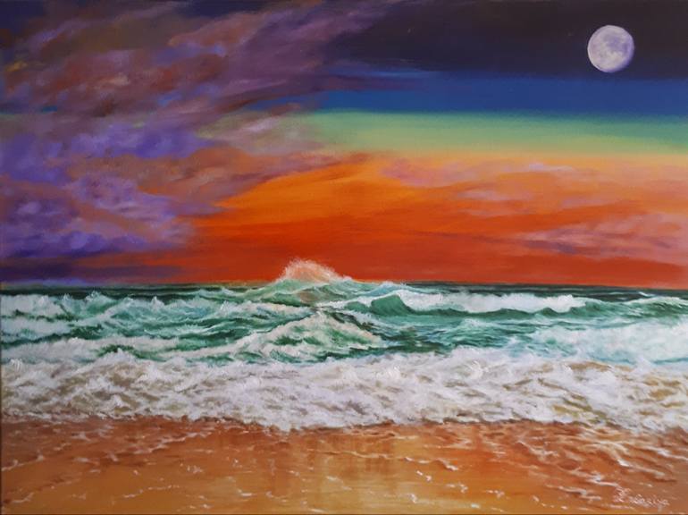Sunset in the North Sea with Northern lights Painting by Carina Sanchez ...