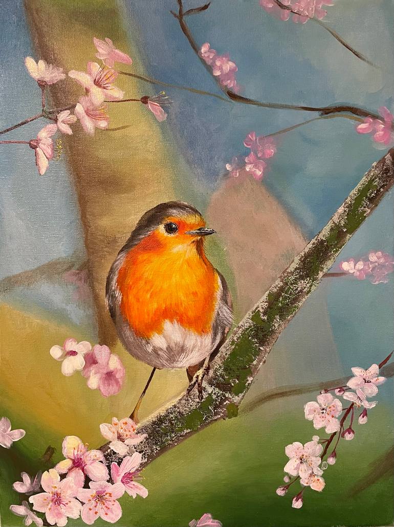 Robin and Cherry Blossom Painting by Yulia Francis | Saatchi Art