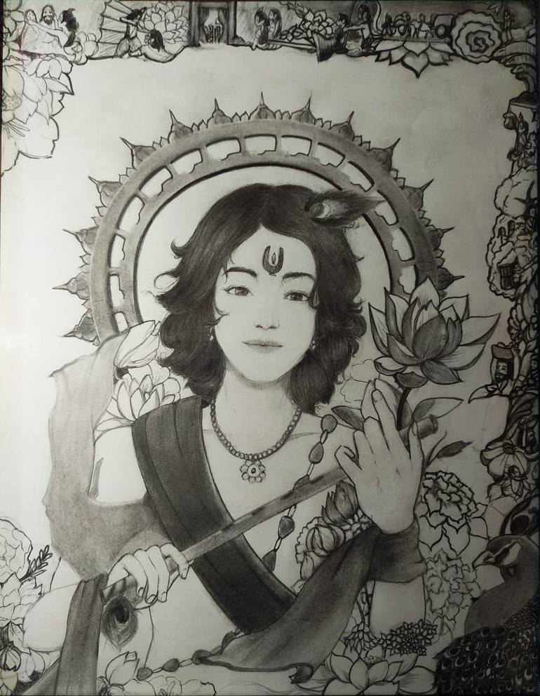 Krishna- कथाफलक Drawing by Akash Mukherjee | Saatchi Art