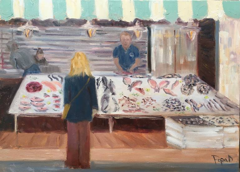 Lady at fishmonger Painting by Dorin Popa | Saatchi Art