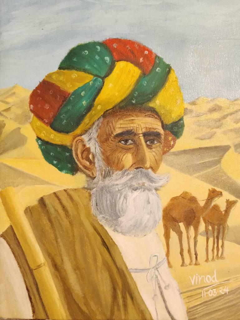 A Camel Man at Thar Desert India Painting by Vinod Paliwal | Saatchi Art