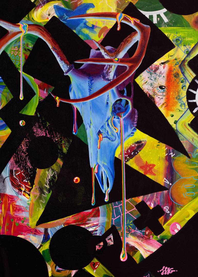 Deer Skull Drip Painting by Joe Gifford | Saatchi Art