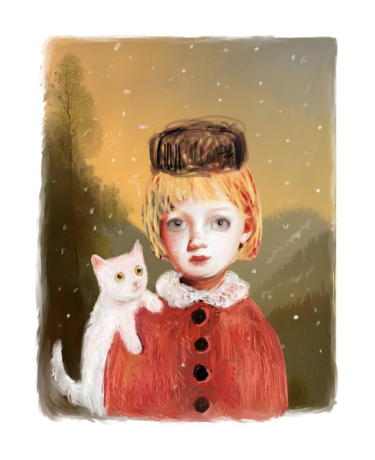 Red Coat ,White cat Painting by Catherine Denvir | Saatchi Art