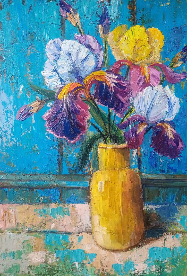 Copy of Bright Irises Original oilpainting Still Life Bouquet Flowers ...