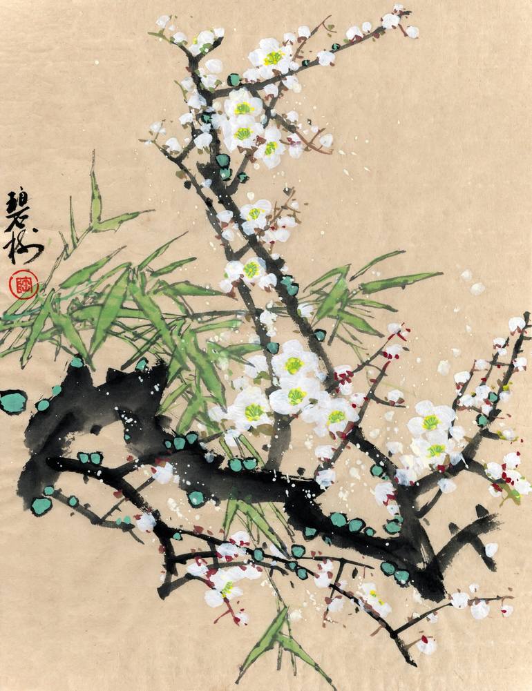 White Plum Blossoms on Colored Xuan Paper Painting by Tao Bishu ...