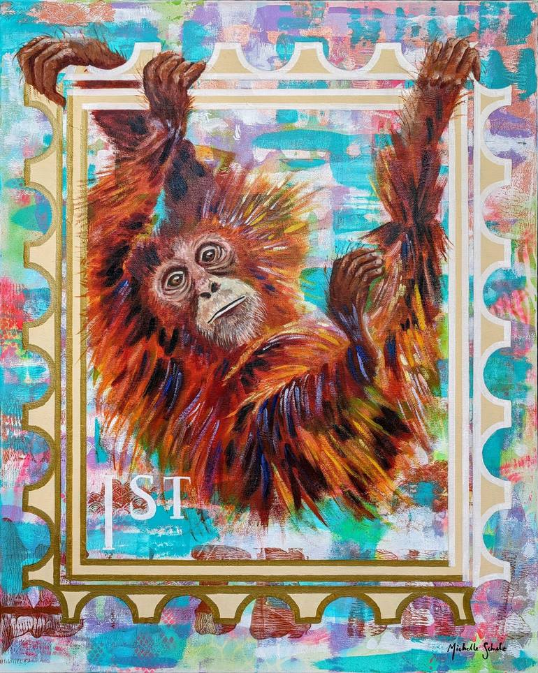Postage Stamp Orangutan Painting by Michelle Schulz | Saatchi Art