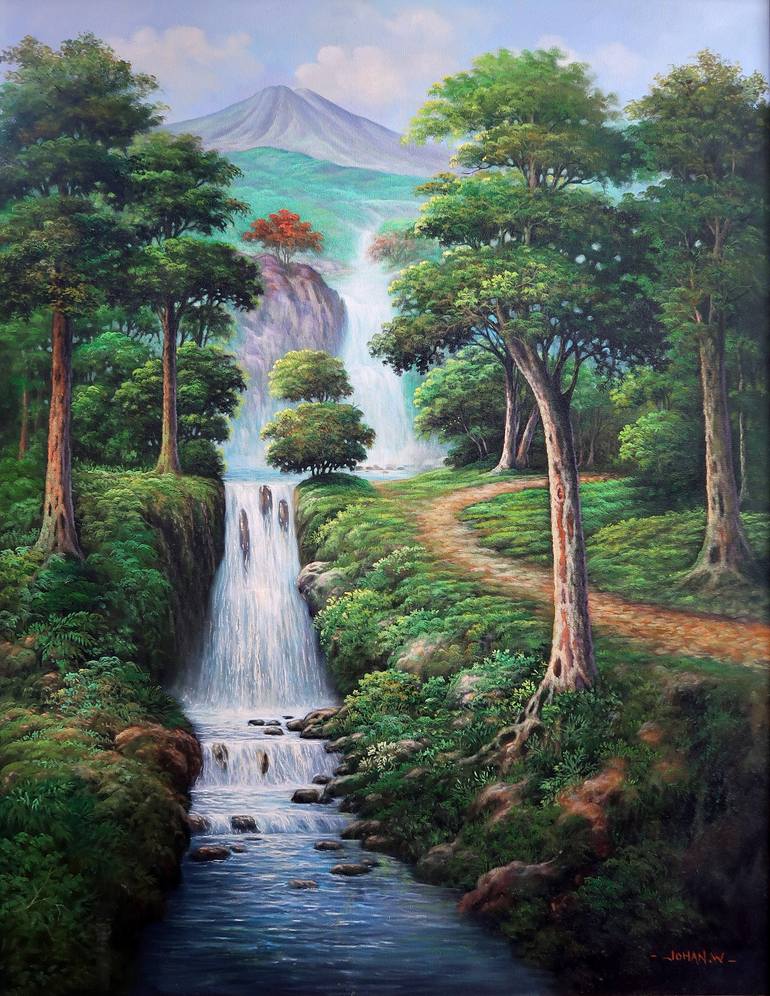 Beautiful Waterfall Painting by Boby Handoko | Saatchi Art