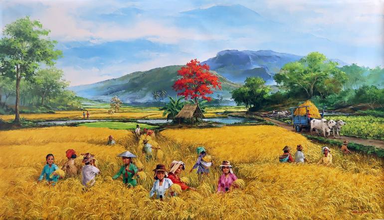 Farmers Harvesting Rice Painting by Boby Handoko | Saatchi Art