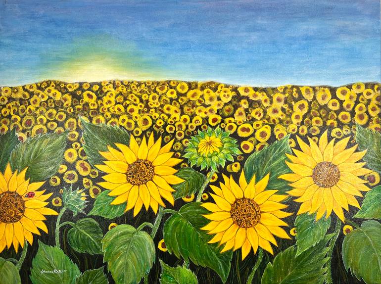 Sunflowers with Ladybug Painting by Yoshiko Ratliff | Saatchi Art