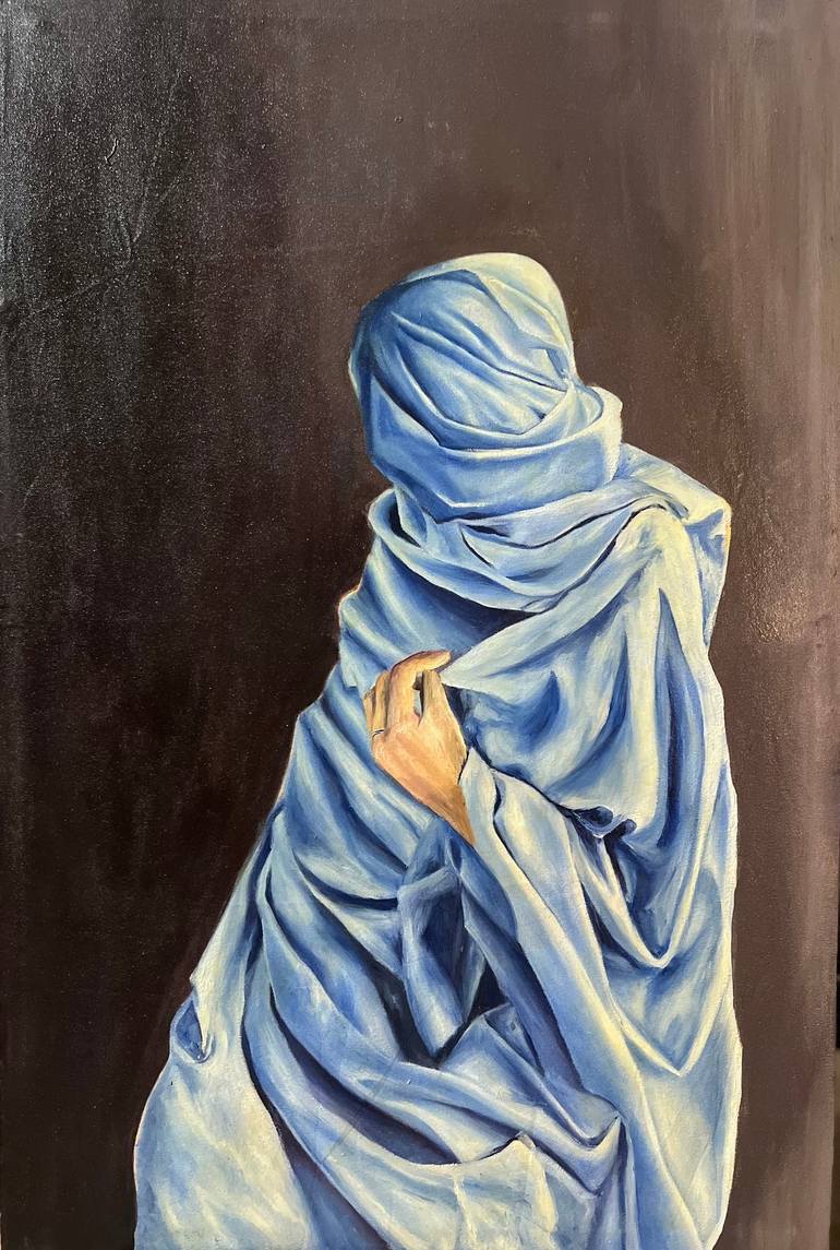 A faceless figure draped in soft flowing blue fab. Painting by Arooj ...