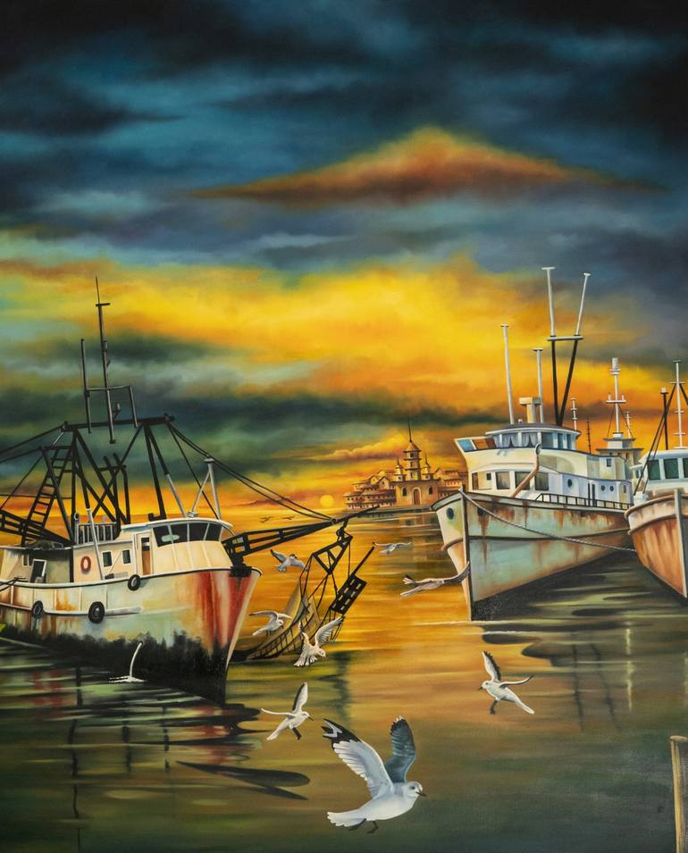 End of fishing at sunset Painting by Oscar Acosta | Saatchi Art Australia