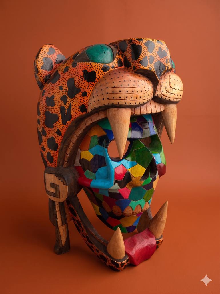 Vintage Aztec / Mayan Style Hand-Carved Wooden Jaguar Skull Mask ...