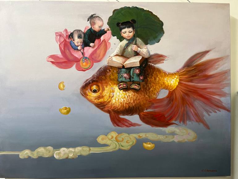 Three children who bring good luck. Painting by Chunrong Chen | Saatchi Art