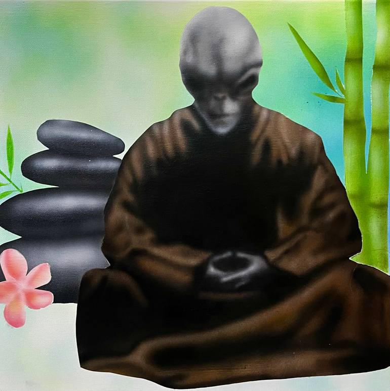 Tranquil Alien - Original Airbrush Painting Painting by Gabriela ...