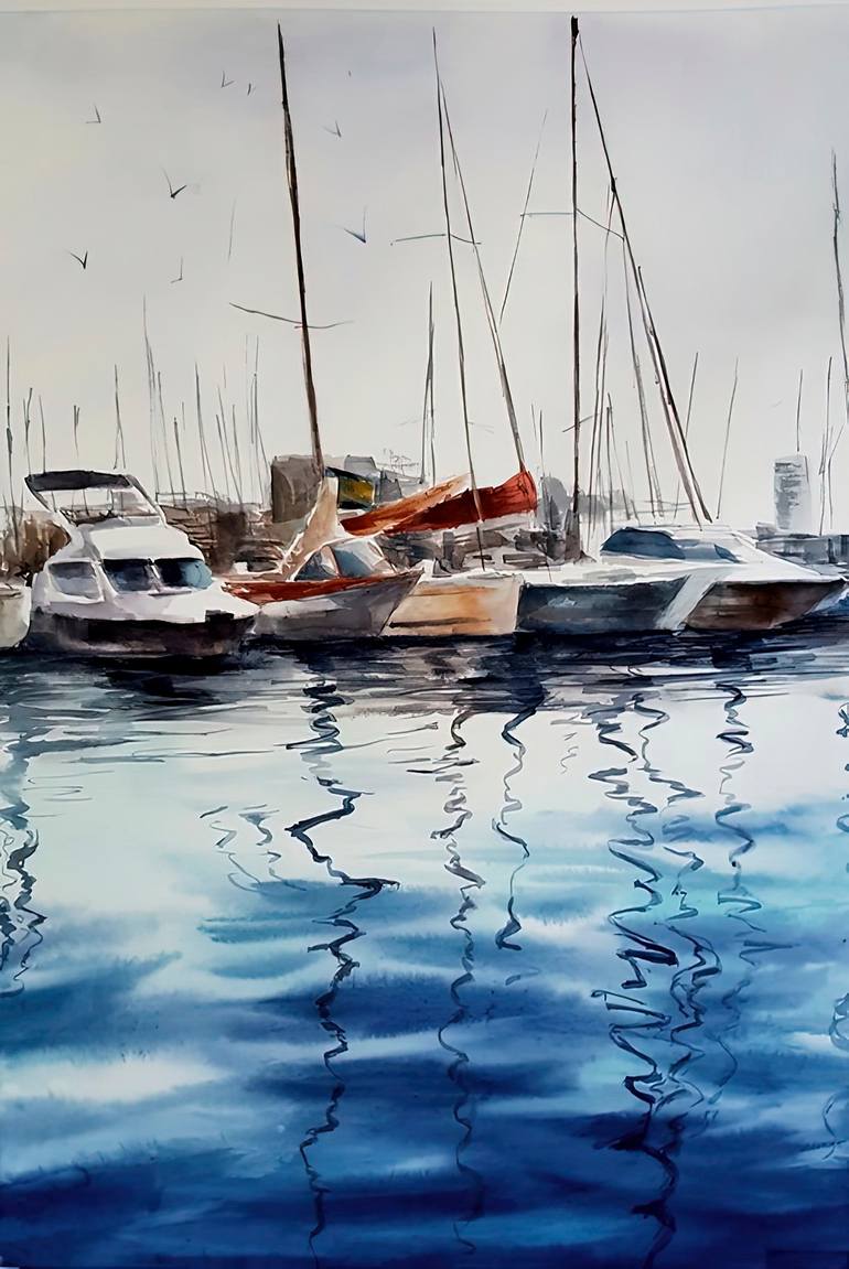 Yachts Watercolor Painting Painting by Olga Sova | Saatchi Art