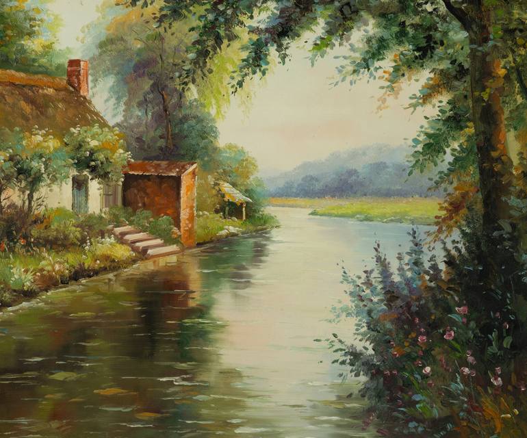 A charming thatched-roof cottage Painting by Muga Muga | Saatchi Art