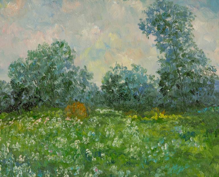 Lush green trees under a softly clouded sky Painting by muga muga ...
