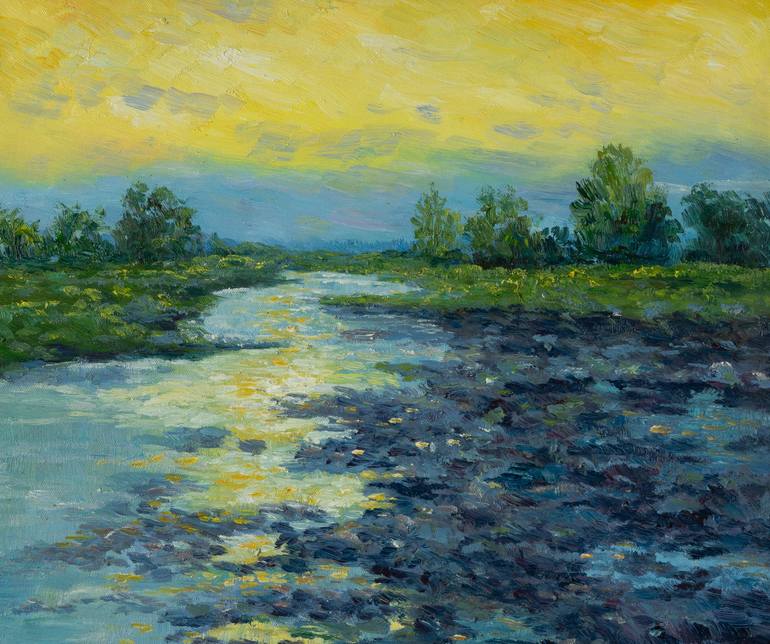 A tranquil river scene at sunset Painting by muga muga | Saatchi Art