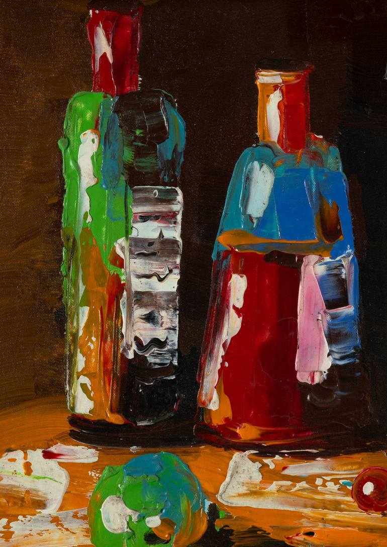 Two bottles and a fruit-like object Painting by muga muga | Saatchi Art
