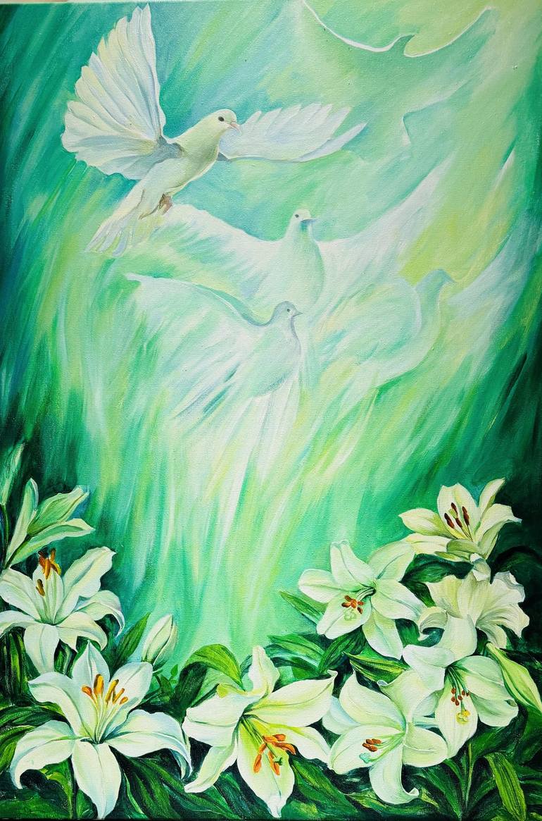 Dove and Lily Painting by Vivian Cha | Saatchi Art