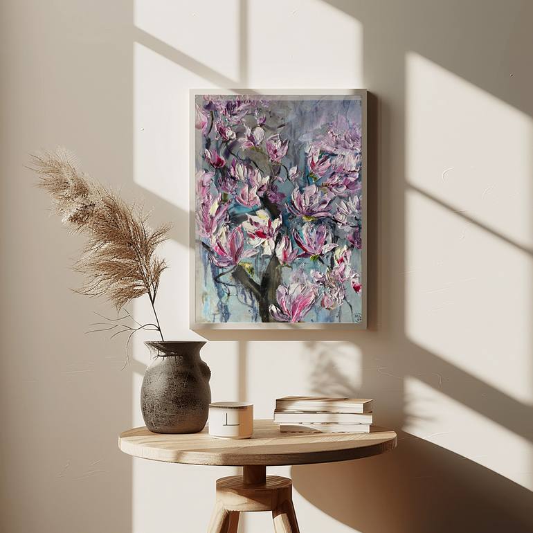 Magnolia Tree Oil Painting | Textured Pink Purple Floral Wall Art ...