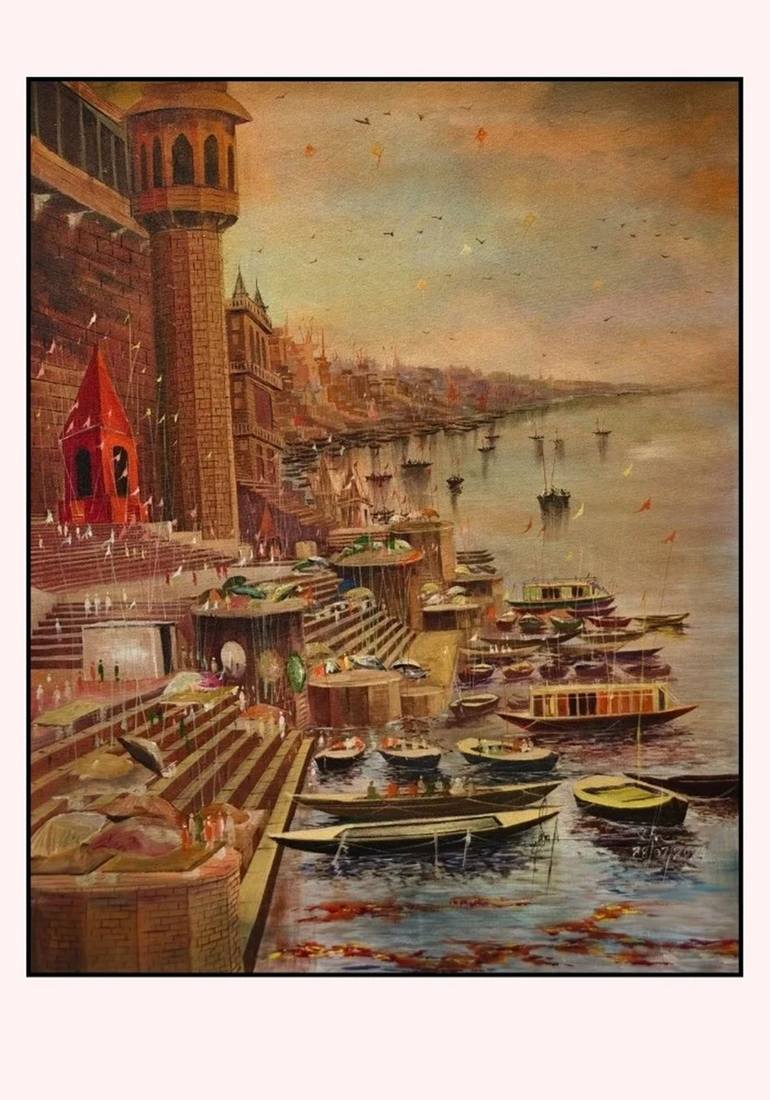 Handmade Varanasi Ghat Acrylic Painting - Banaras Painting Painting by ...