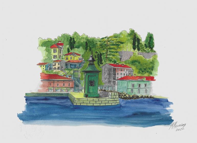 Green Lighthouse in Piran (Slovenia) Painting by Maria Majore | Saatchi ...