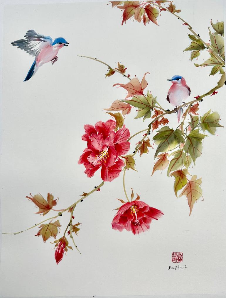 Winged Garden- Hibiscus and Birds Painting by Leela Deepthi Sarva ...