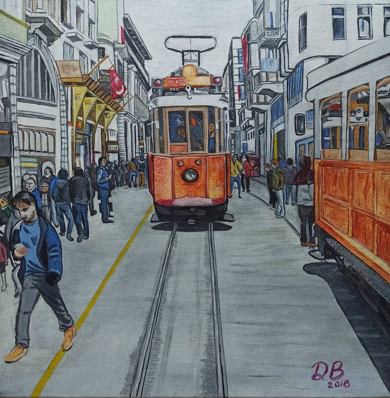 Taksim Caddesi - Trams from Istanbul Painting by Darren Burch | Saatchi Art