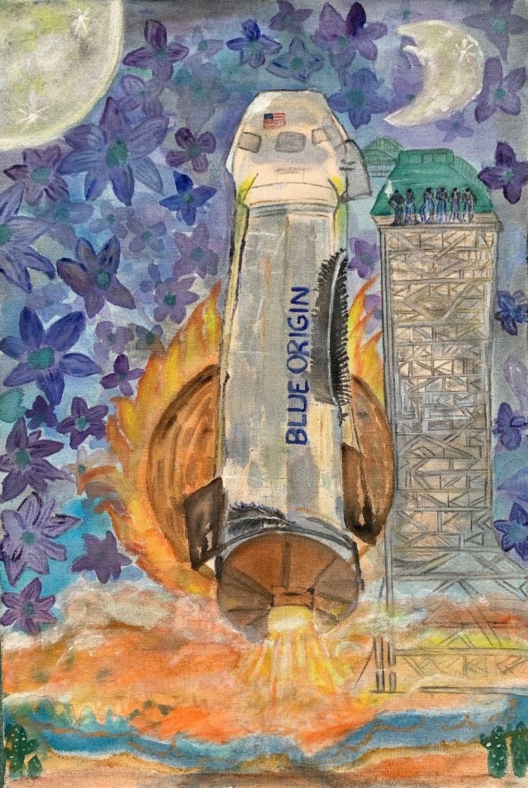 She Soars Spaceward-Blue Origin Flight Reimagination Painting by Maya ...