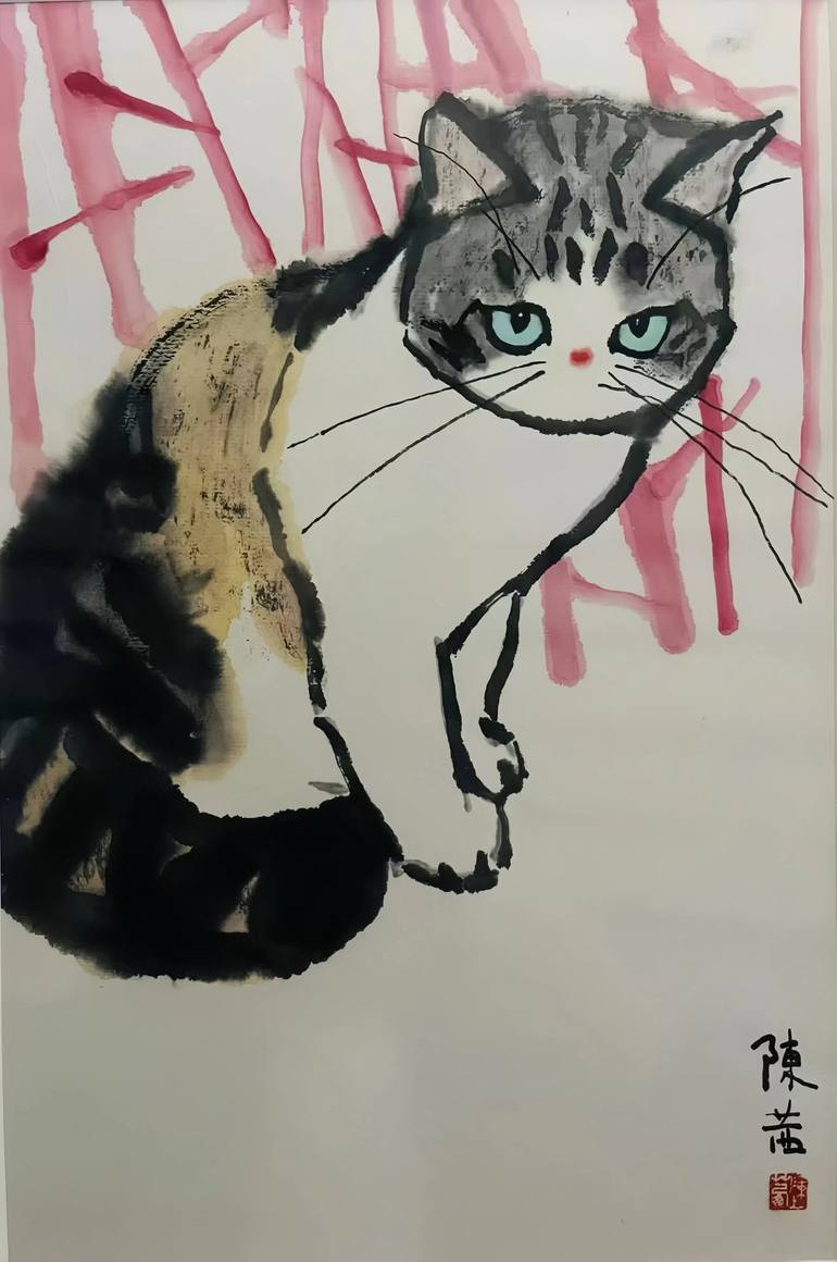 Little Meow – A Cat in Ink Painting by Sienna Chen | Saatchi Art