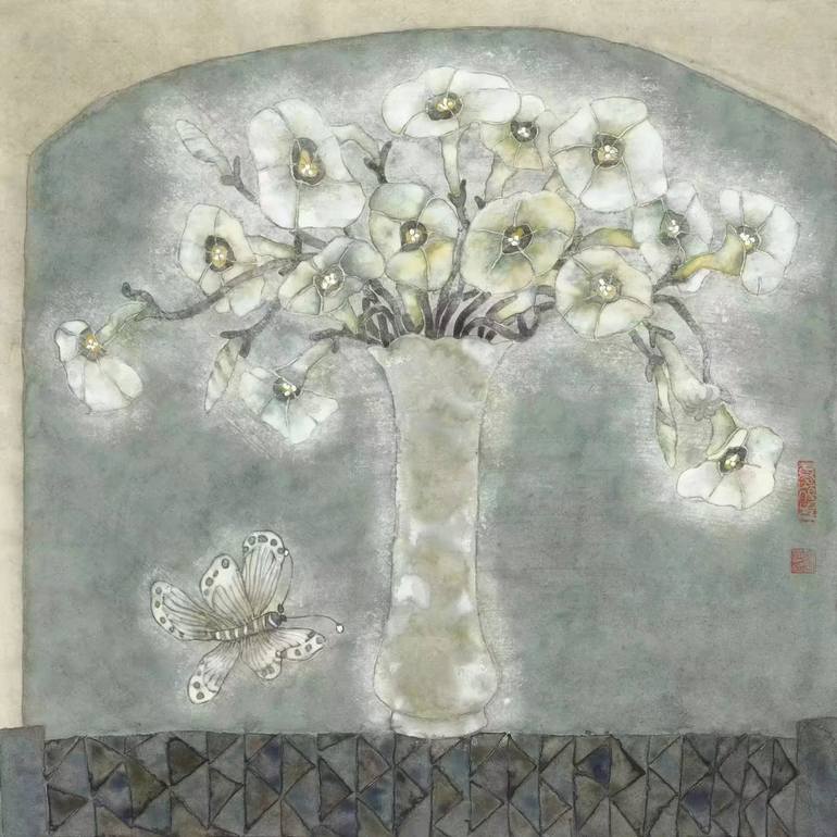 Trumpet Flowers & Butterfly Painting by Sienna Chen | Saatchi Art