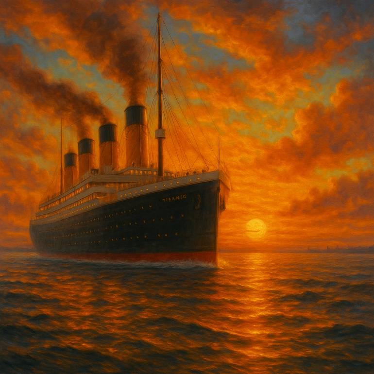 Titanic at Sunset: A Majestic Voyage Painting by John Levesley ...