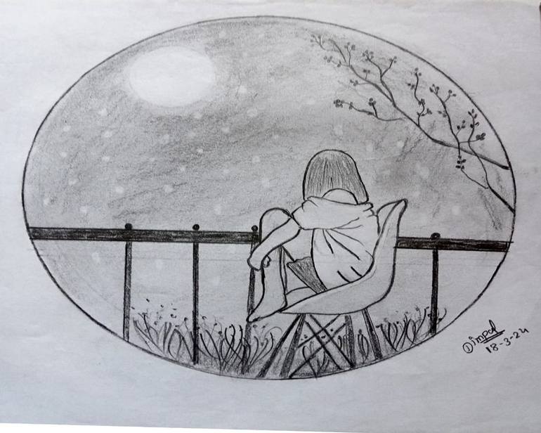 Alone with the Moon Drawing by Dimpal Patel | Saatchi Art