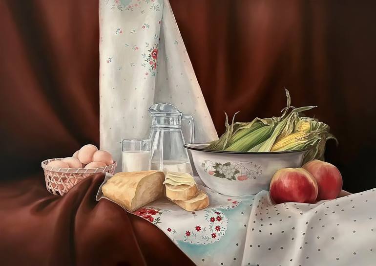 cozy kitchen scene with food Painting by Nurgaliy Abdigaliyev | Saatchi Art