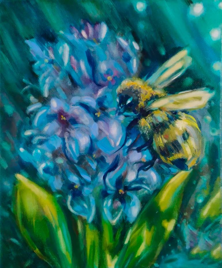 Bee Among Blue Blossoms Painting by Mariya Zhakupova | Saatchi Art ...
