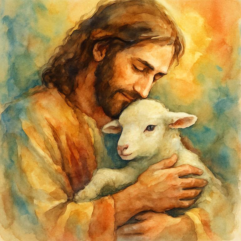 Jesus and Lamb Painting, Christian Art Print, Watercolor Drawing by ...