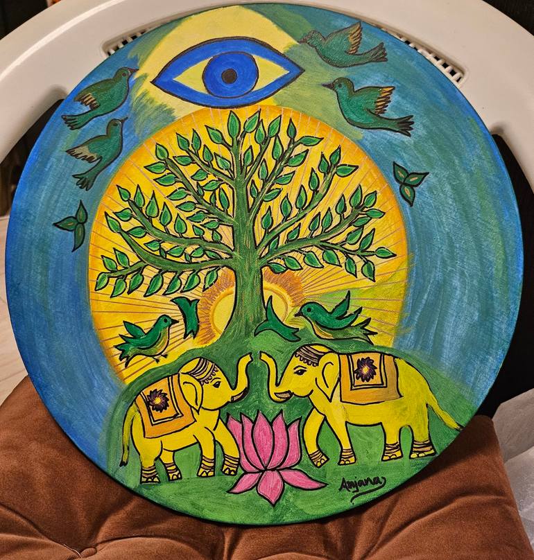 TREE OF LIFE WITH LOTUS,ELEHANT&EVIL EYE PROTECTION Painting by Anjana ...