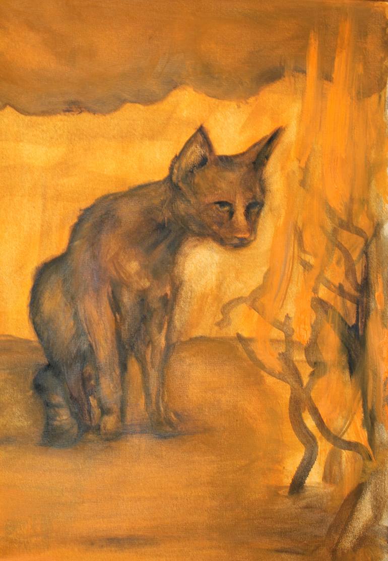 cat looking into fire Painting by Paul Mezei | Saatchi Art