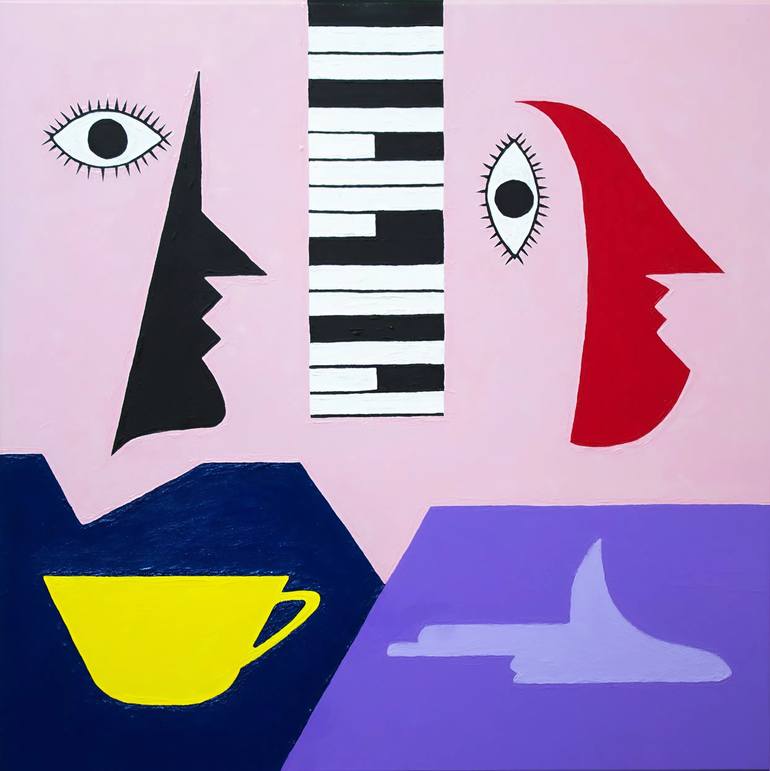 cubism geometric faces eyes blue marine pink Painting by Mounir Tahoum ...