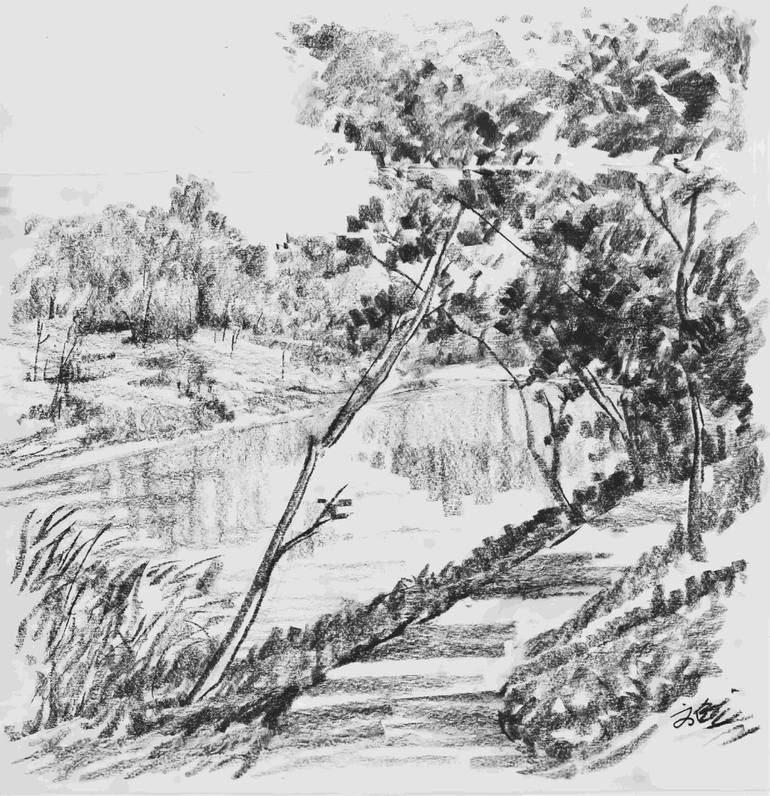 corner of Tianhe Park Reservoir (charcoal sketch) Drawing by Liu Helong ...