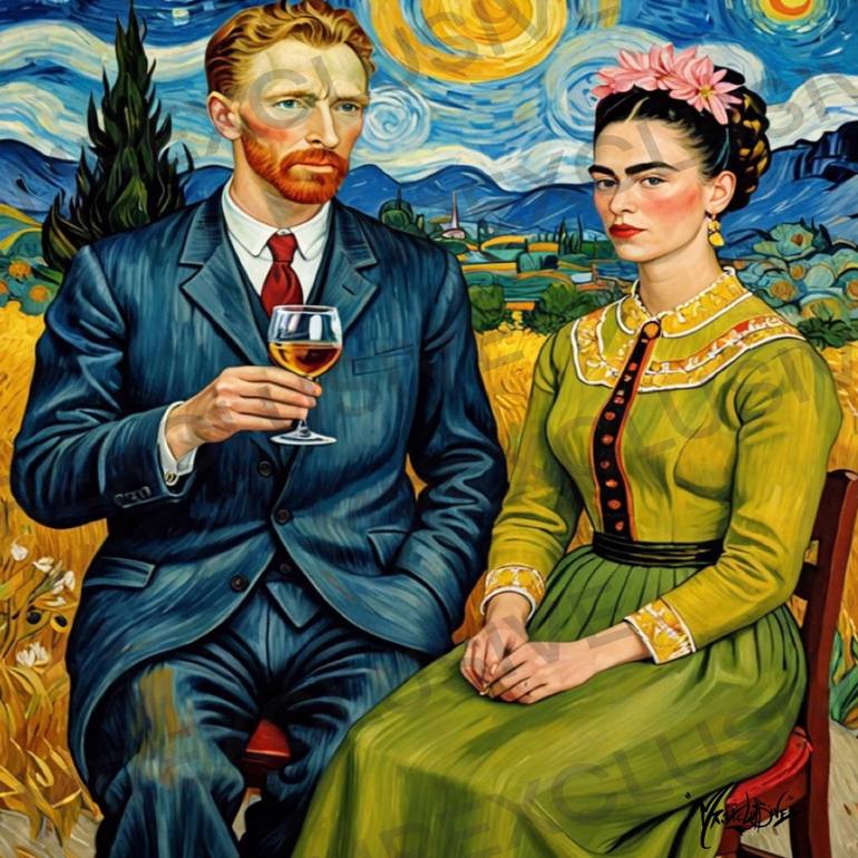 Frida Kahlo & Vincent van Gogh “For the Love of Wine” Mixed Media by ...