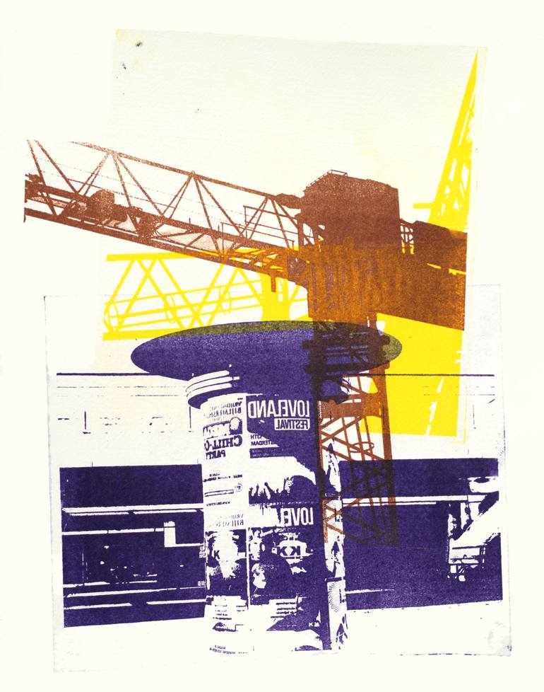 'Billboard & Cranes 1.' - monotype print art Printmaking by Hilly van Eerten | Saatchi Art
