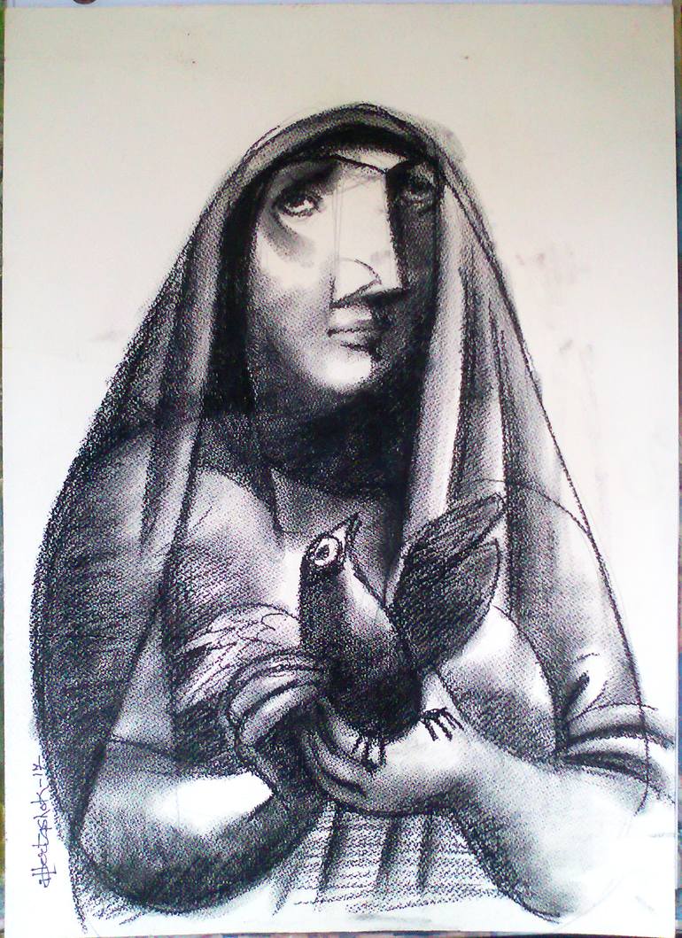 Lady with a bird Drawing by Bidya Ashok | Saatchi Art