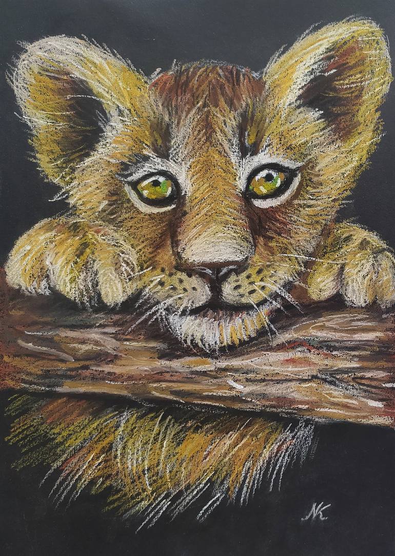 Portrait of a lion cub painting animal art oil pastel Drawing by ...