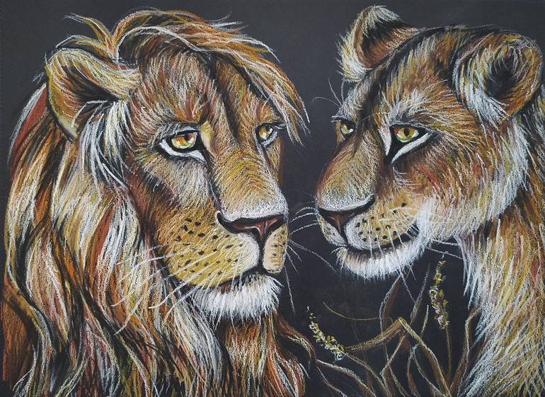 Portrait of beautiful lions painting oil pastel realism art Drawing by ...