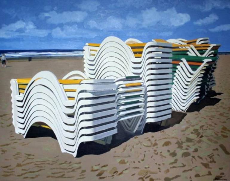 Sun loungres on Dutch beach Painting by Frans Clement | Saatchi Art