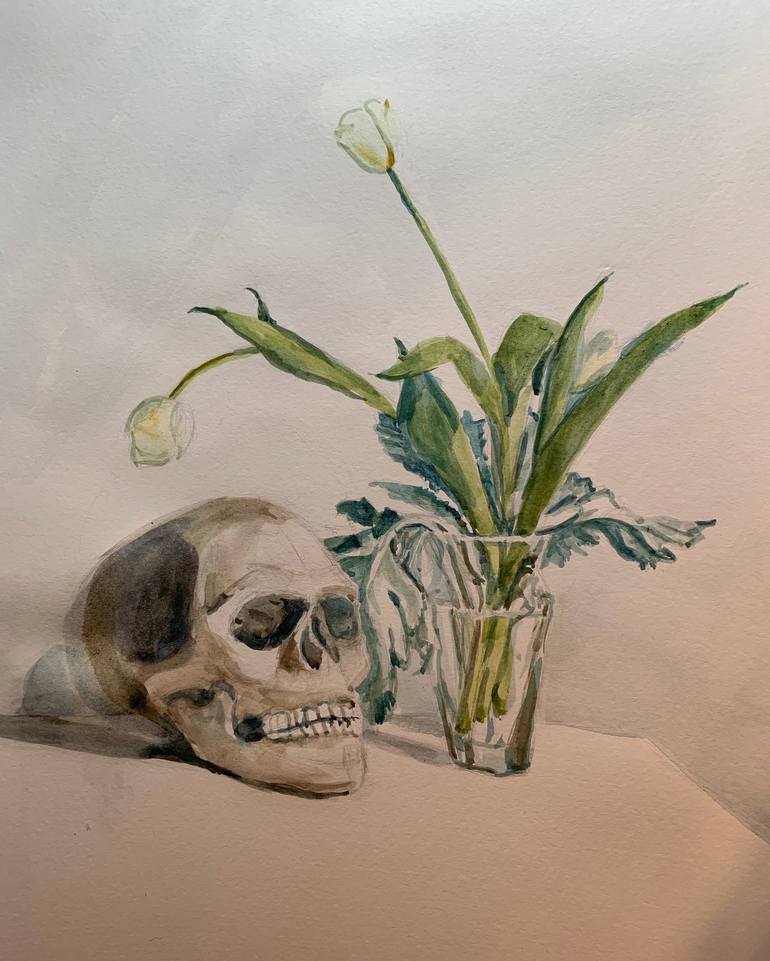 Still Life of Skull and Tulips Painting by M Susan Broussard | Saatchi Art